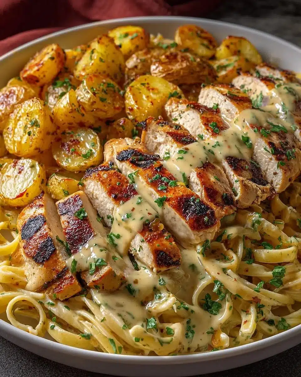 Ultimate Garlic Herb Chicken with Creamy Pasta & Roasted Potatoes